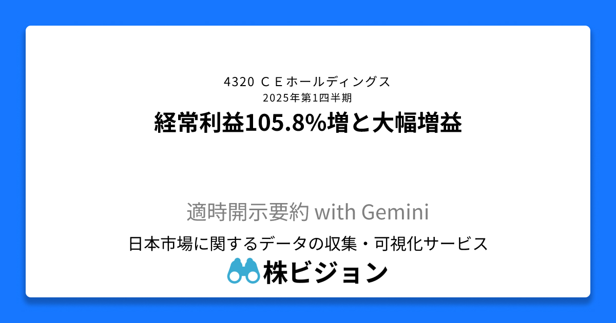 経常利益105.8%増と大幅増益 | CEホールディングス(4320) 2025年第1四半期 | 適時開示要約 with Gemini | 株ビジョン